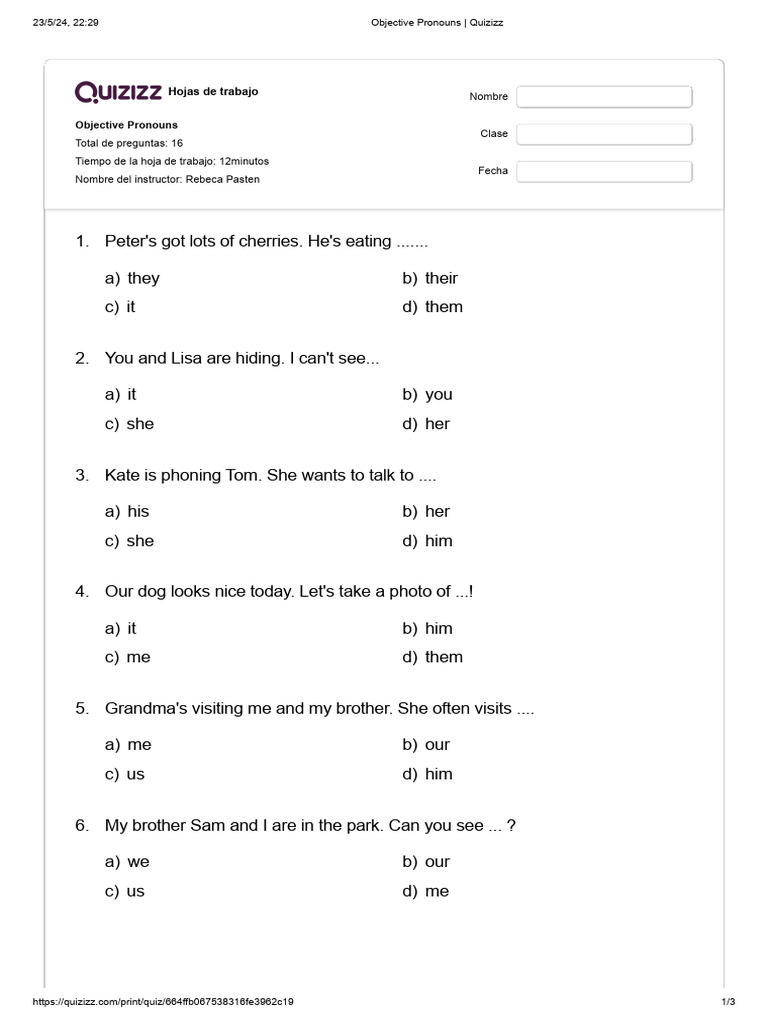 Objective Pronouns Quiz Worksheet | PDF