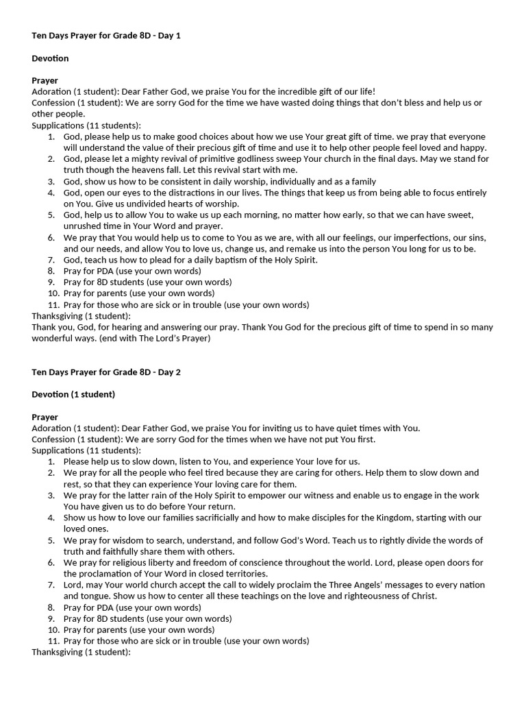Ten Days Prayer For Grade 8D | PDF | Prayer | God