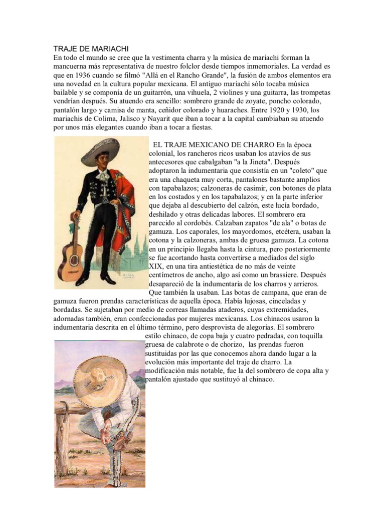 Historia y vestimenta del mariachi | PDF | Guitarras | Traje (ropa)