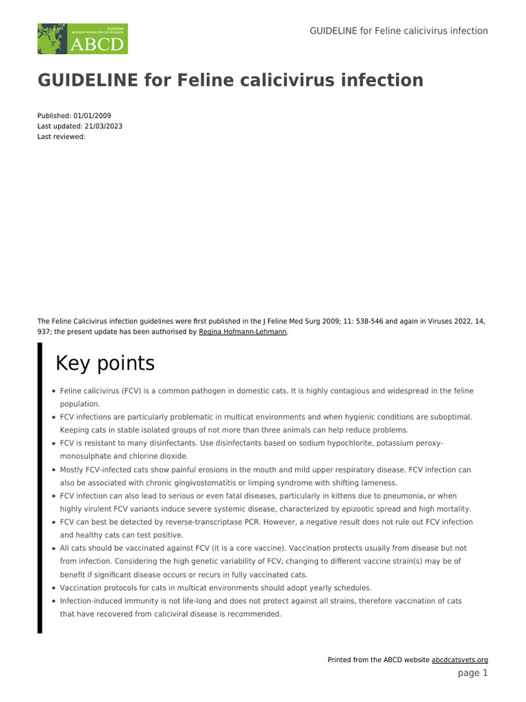 Feline Calicivirus Infection Guidelines | PDF | Virus | Infection