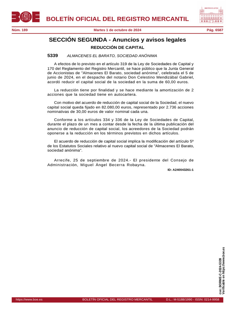 Reducción de Capital en Almacenes El Barato | PDF | Negocios