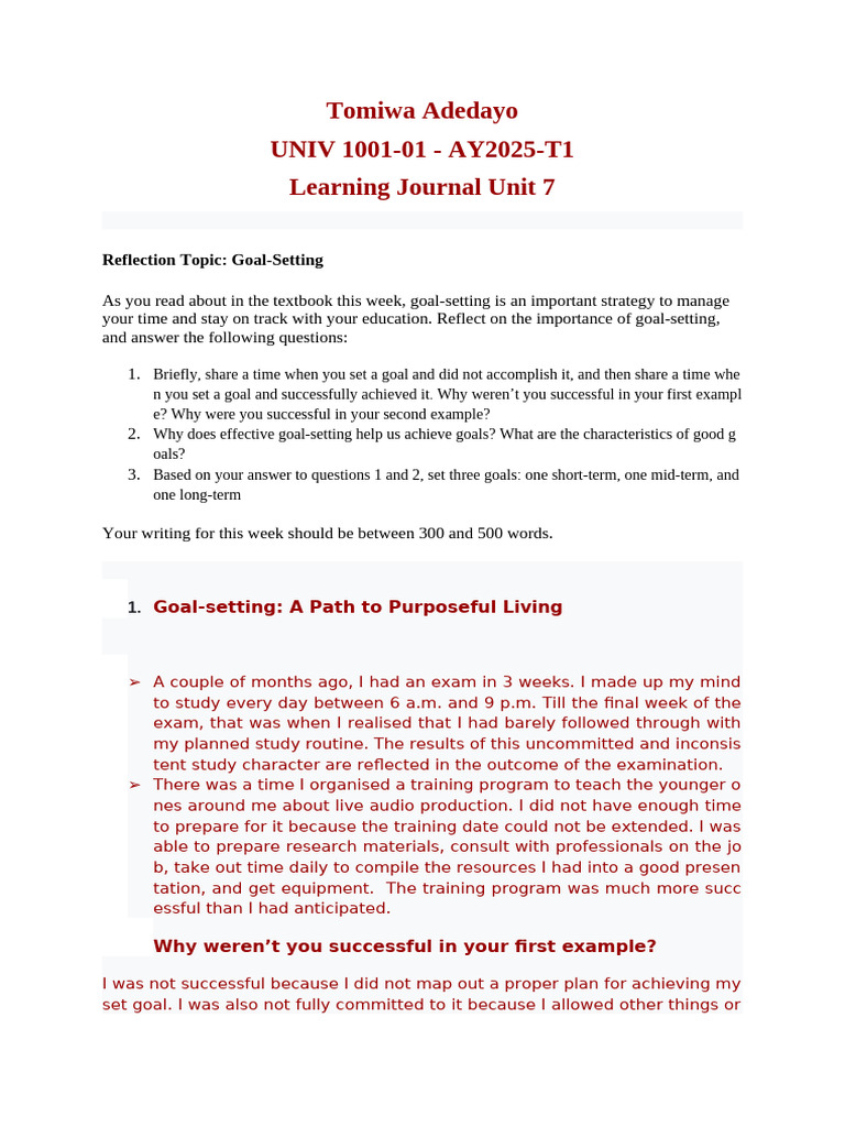 Uopeople Learning Journal Unit 7 Univ 1001 Pdf Goal Goal Setting