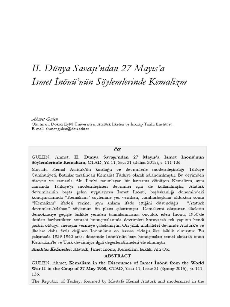 Ii - Dünya Savaşindan 27 Mayisa İsmet İnönünün Söylemleri̇nde Kemali̇zm ...