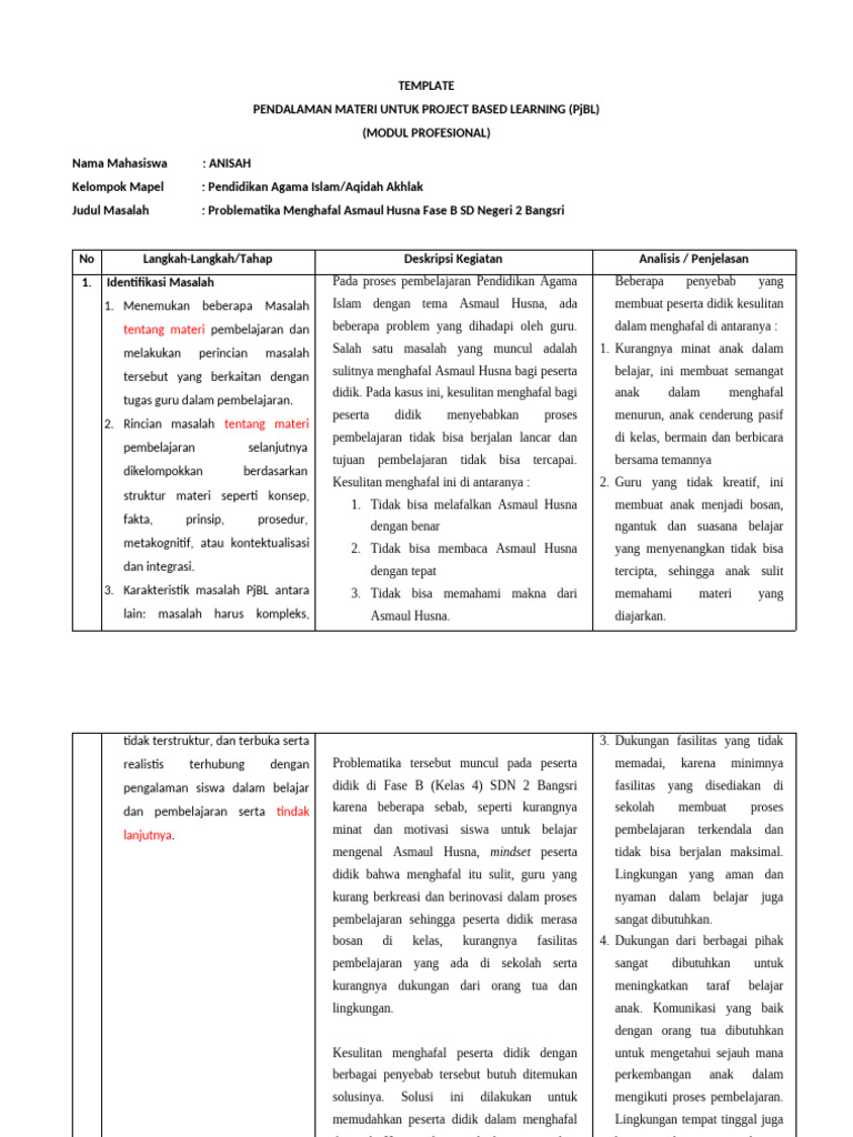 Template PJBL Modul Profesional | PDF