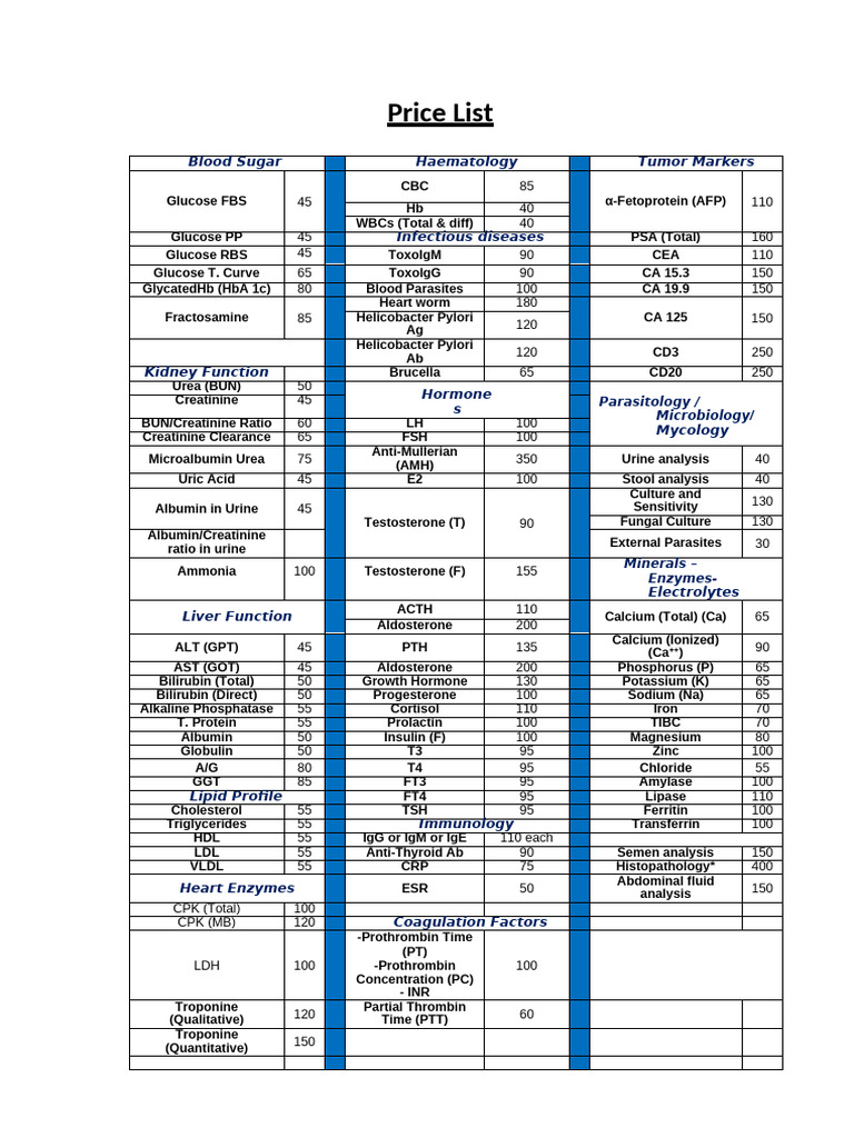 Test Vet Price List Final | PDF | Medical Specialties