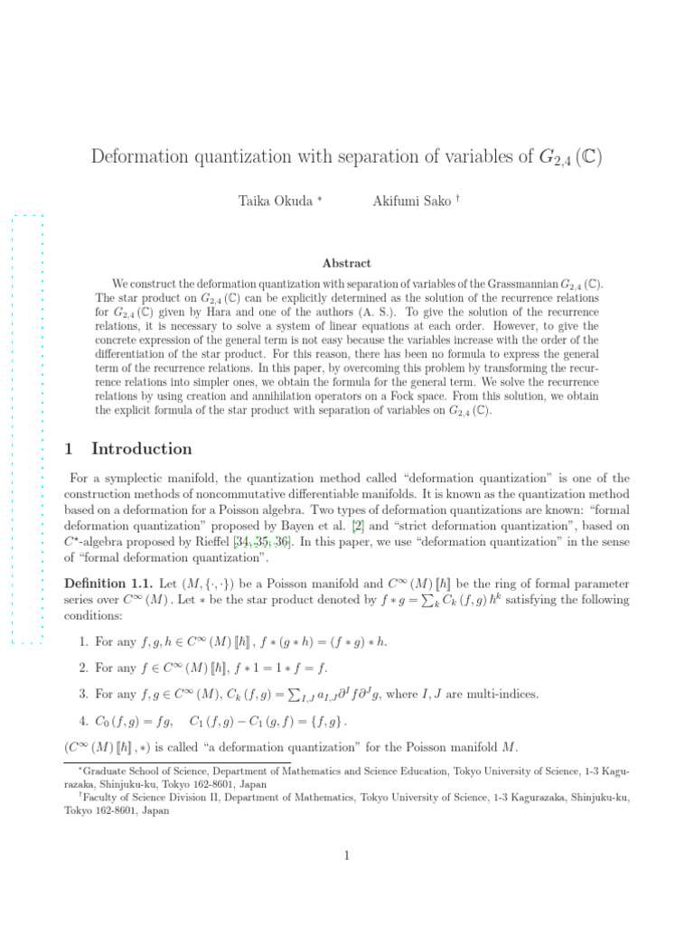 Deformation Quantization With Separation of Variables of | PDF | Recurrence Relation | Matrix ...
