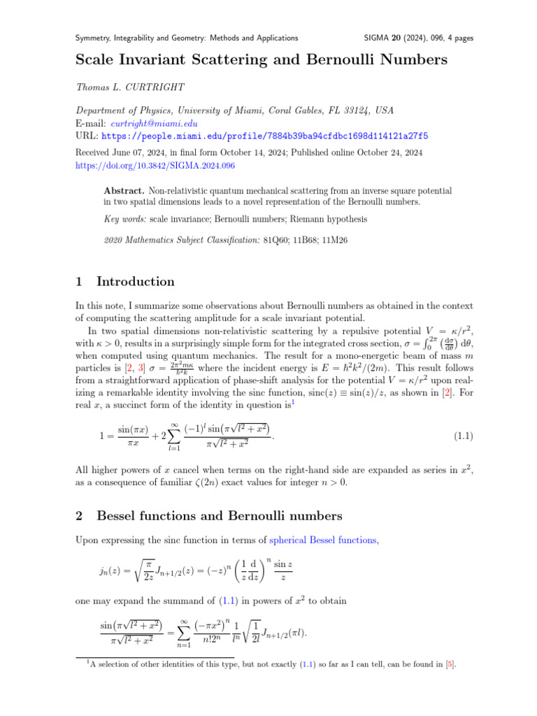 Scale Invariant Scattering and Bernoulli Numbers | PDF | Summation | Sequence