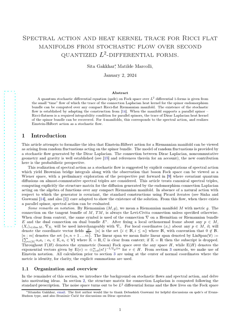 Spectral Action and Heat Kernel Trace For Ricci Flat Manifolds From Stochastic Flow Over Second ...
