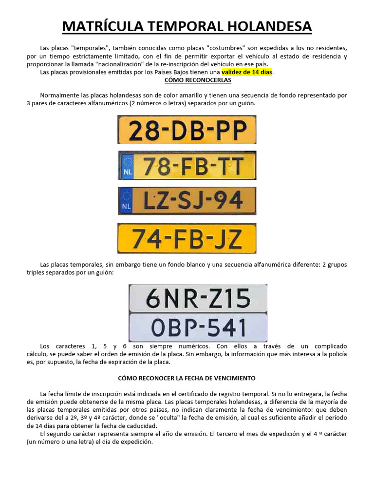 Matrícula Temporal Exportación Paises Bajos | PDF | Placa de matrícula ...