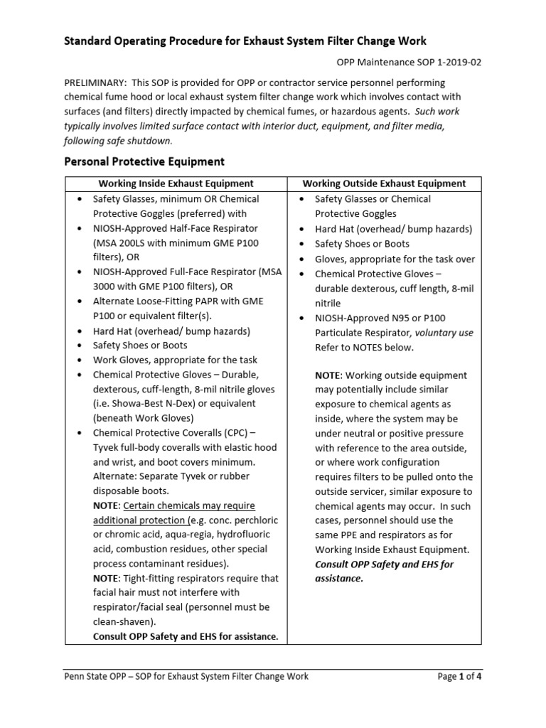 Exhaust Filter Change Sop Opp Final 1-11-19 | PDF | Personal Protective Equipment | Safety