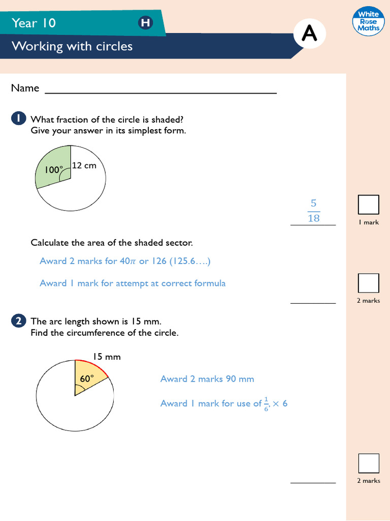 Working With Circles Higher Assessment Answers | PDF | Area | Circle