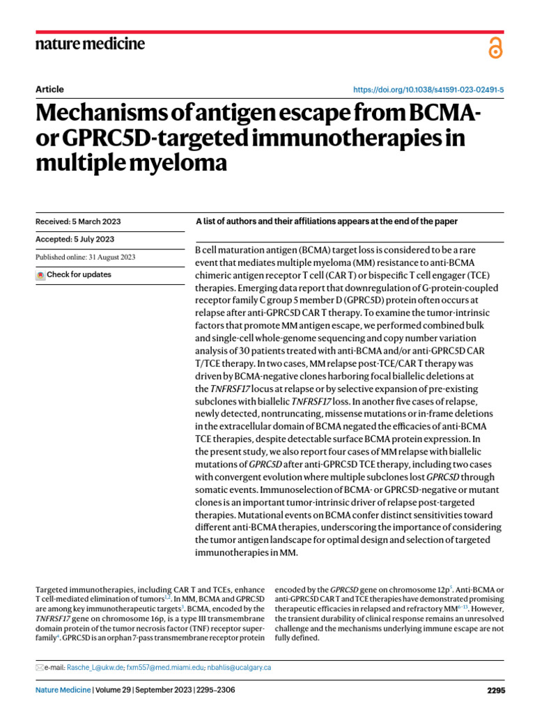 Mechanisms of Antigen Escape From BCMA-or GPRC5D-targeted Immunotherapies in Multiple Myeloma ...