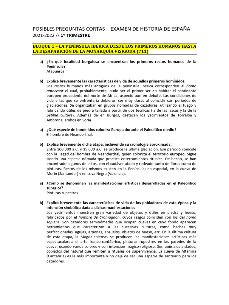 POSIBLES PREGUNTAS CORTAS - HISTORIA DE ESPAÑA Bloque1 | PDF | Cartago