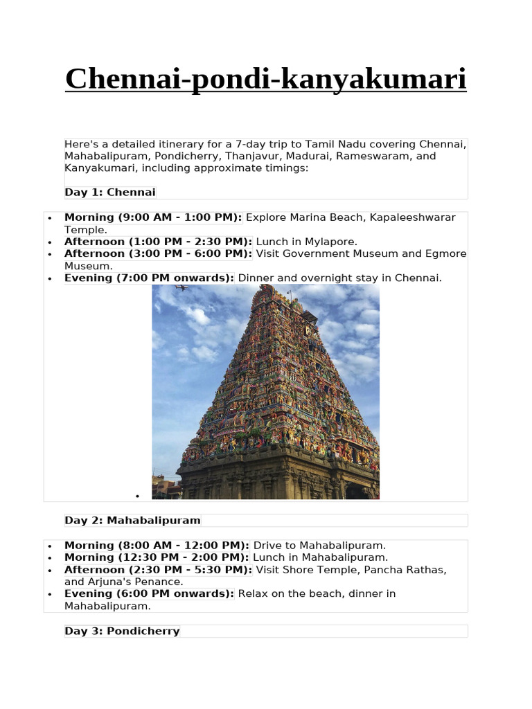 Chennai Pondi Kanyakumari | PDF | Travel | Religion & Spirituality