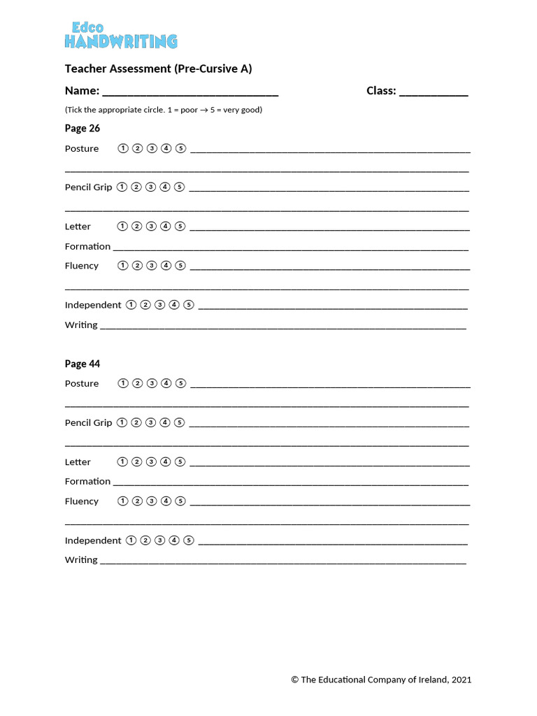 Teacher Assessment Pre Cursive A | PDF | Career & Growth