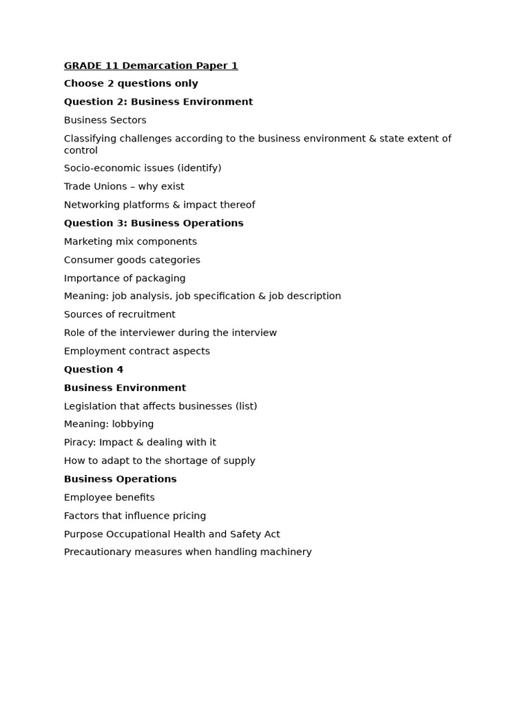 GRADE 11 Demarcation Paper 1 | PDF | Business