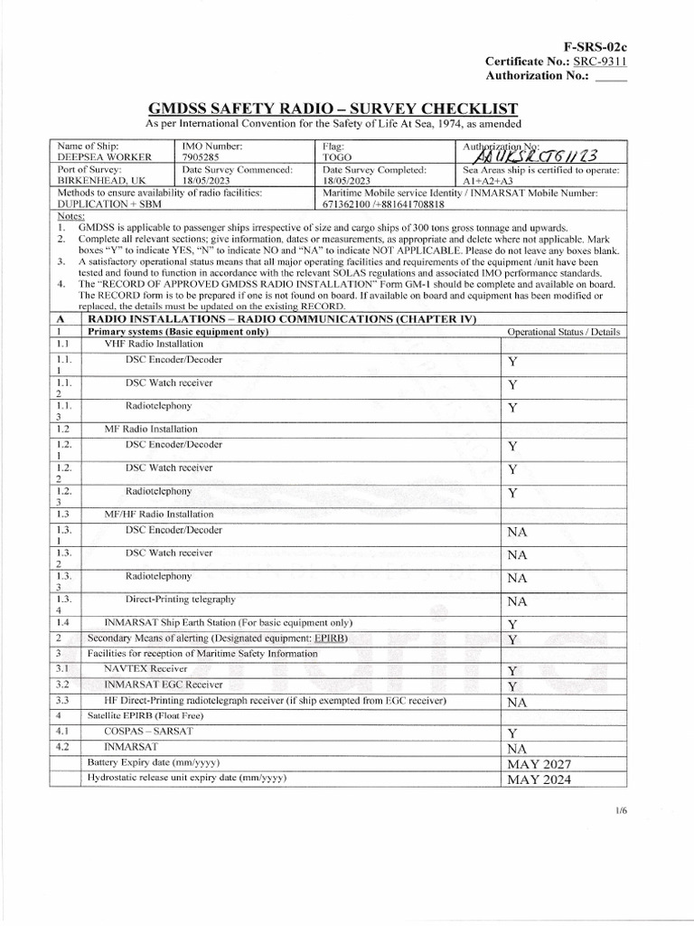 23.GMDSS Checklist | PDF | Information And Communications Technology | Telecommunications
