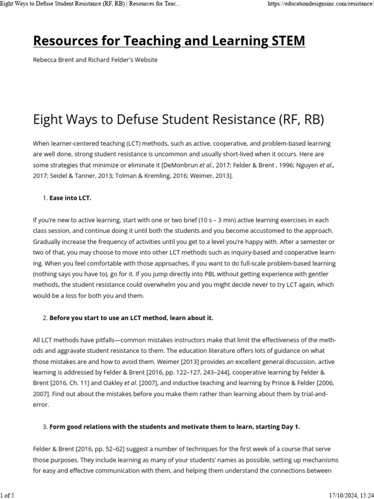 Eight Ways To Defuse Student Resistance (RF, RB) - Resources For ...