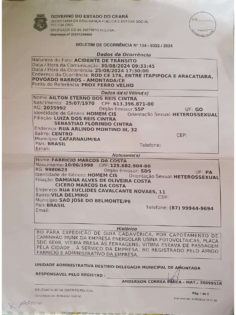 Boletim de Ocorrência Do Acidente | PDF