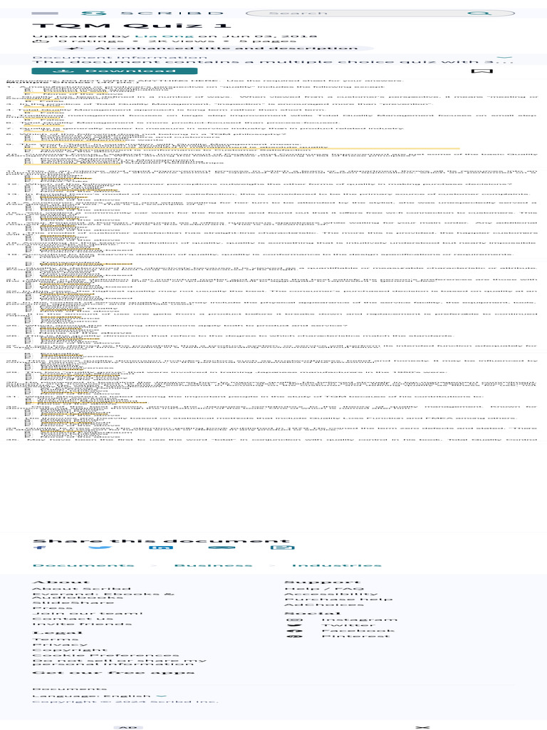 TQM Quiz 1 PDF Quality Management Quality ( | PDF | Quality (Business) | Business Process