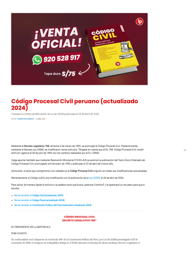 Código Procesal Civil Peruano (Actualizado 2024) - LP | PDF | Caso de ...
