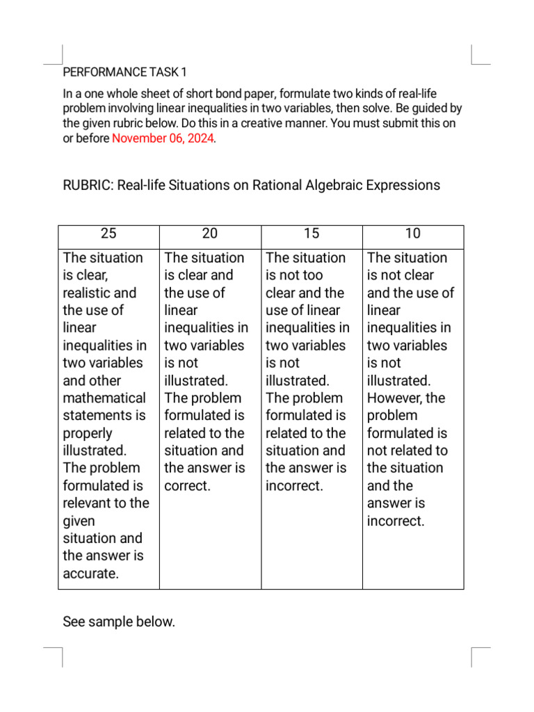 PERFORMANCE TASK 1 For Grade 8 | PDF | Inequality (Mathematics) | Numbers