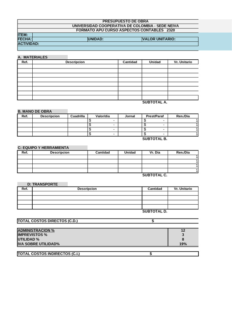Formato APU Limpio 2320 - LIMPIO | PDF
