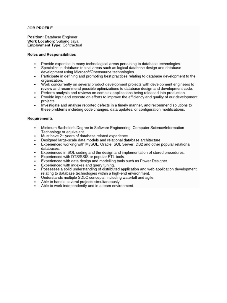 Database Engineer Job Profile | PDF