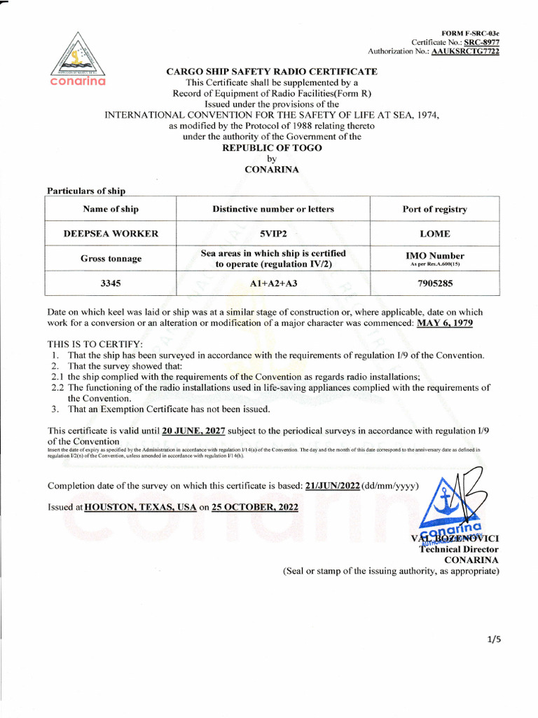 Cargo Ship Safety Radio Certificate | PDF | Shipping
