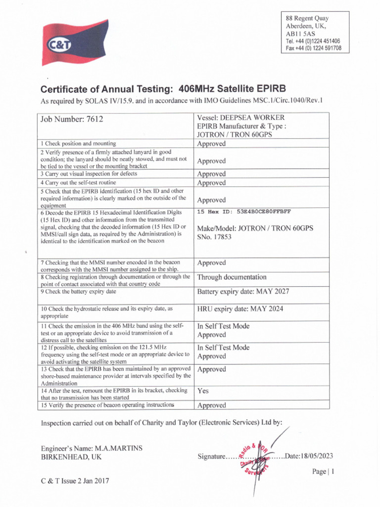 07 Epirb Certificate, Hru and Battery | PDF