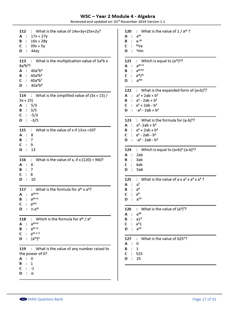 Algebra MCQ | PDF | Mathematics | Algebra