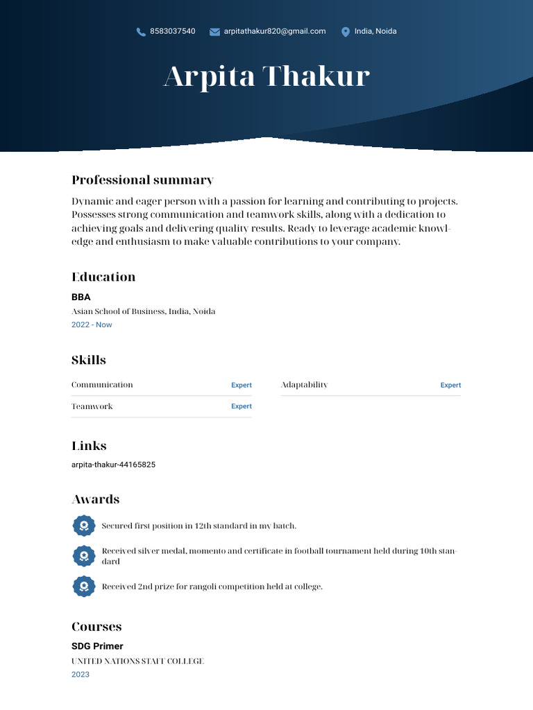 Arpita Thakur Resume (2022-25) | PDF