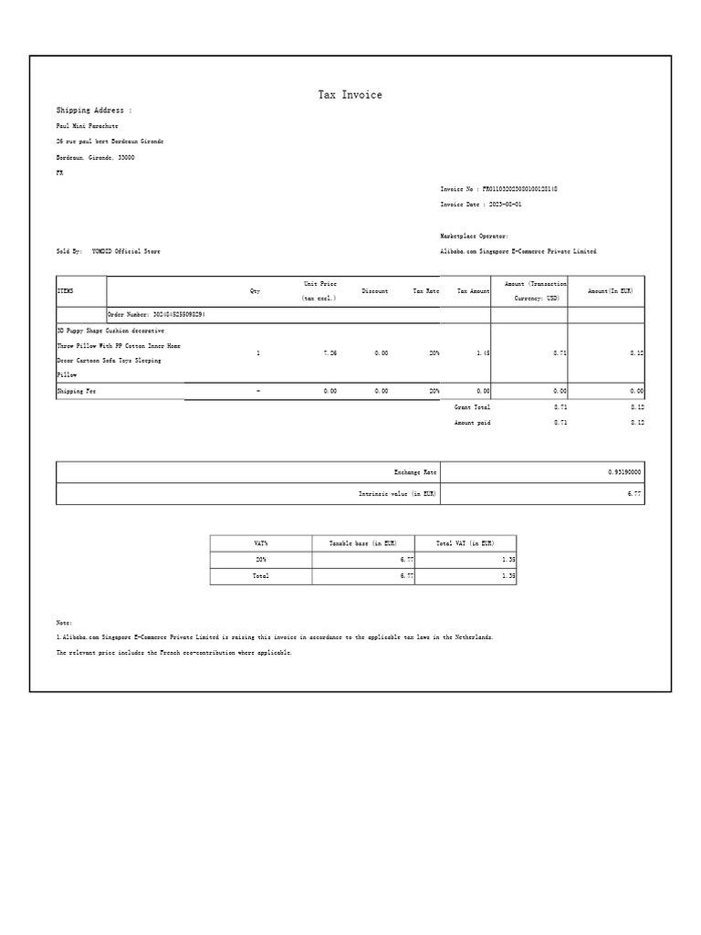 Alibaba VAT Invoice for 3D Cushion | PDF | Value Added Tax | Invoice