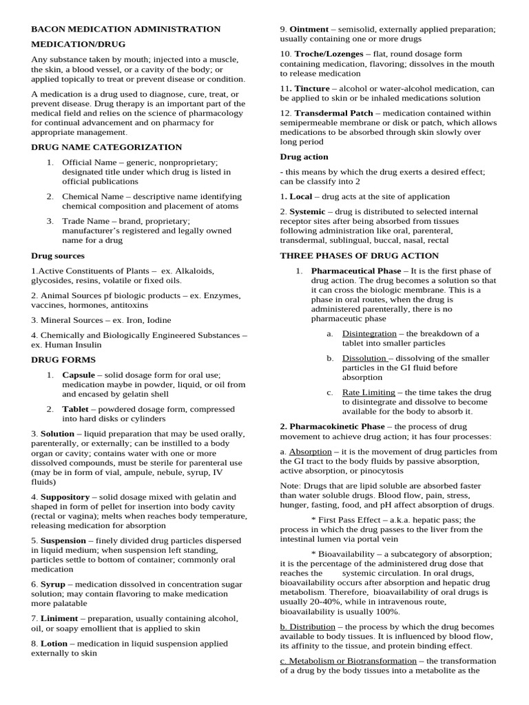 Bacon Medication Administration | PDF | Bioavailability | Injection ...