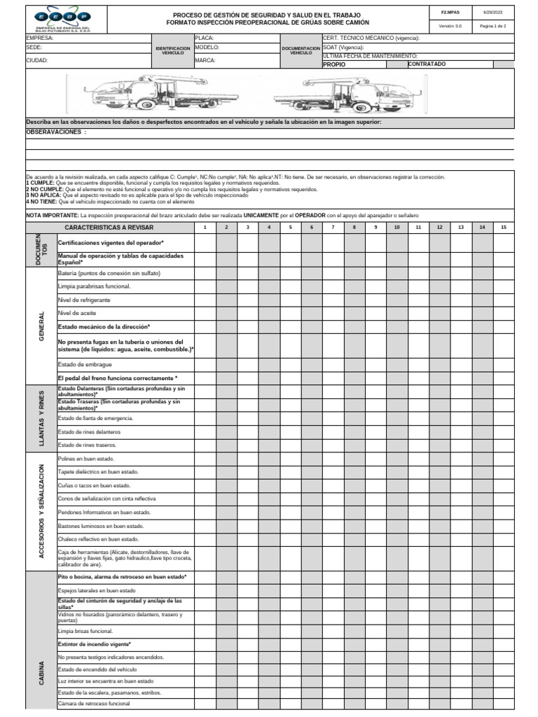 F2.MPA5 Inspeccion Preoperacional Grua 5.0 | PDF | Vehículo de motor