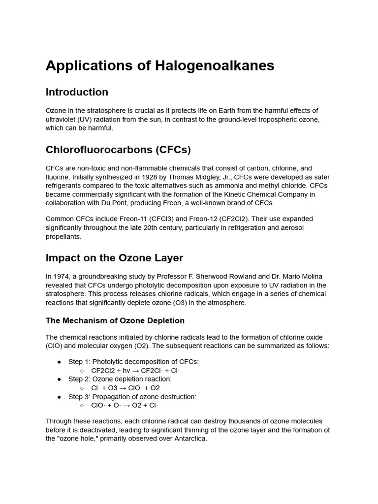 Applications of Halogenoalkanes | PDF | Chlorofluorocarbon | Ozone Depletion