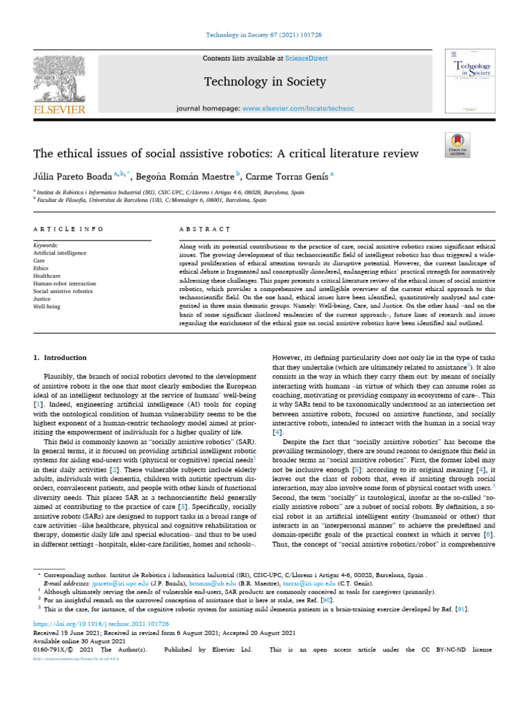 The Ethical Issues of Social Assistive Robotics - A Critical Literature ...