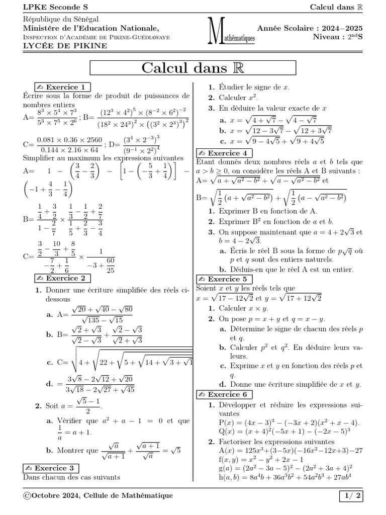 Exercices de Calcul dans R - Seconde S | PDF | Arithmétique | Analyse ...