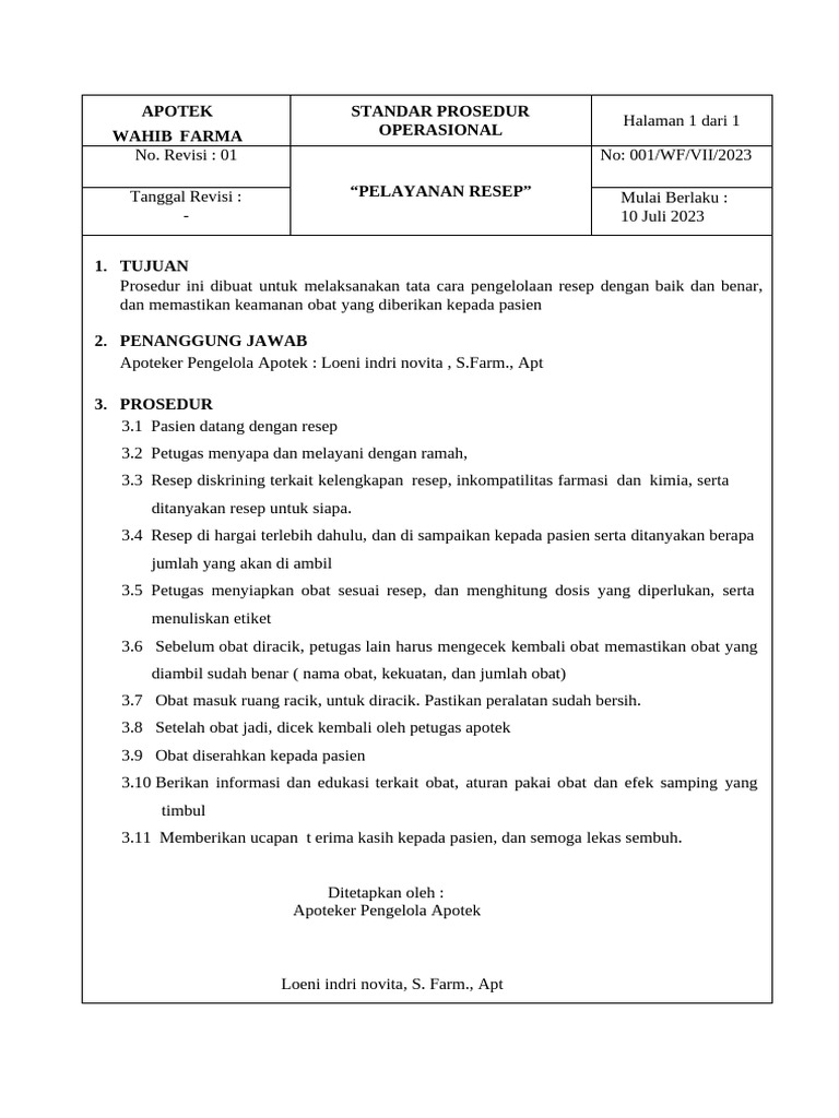 Sop Apotek Wahib Farma | PDF