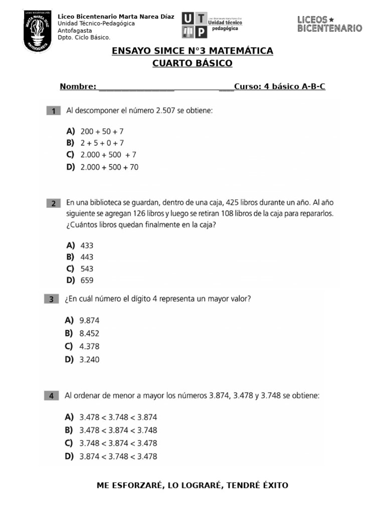 Ensayo Simce - Cuarto Básico Matemática | PDF