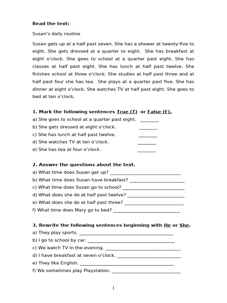 Susan's Daily Routine Quiz | PDF | Language Arts & Discipline