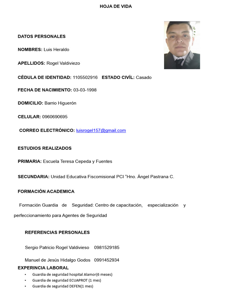 Hoja de Vida Luis Rogel. Valdiviezo | PDF | Documento de identidad ...