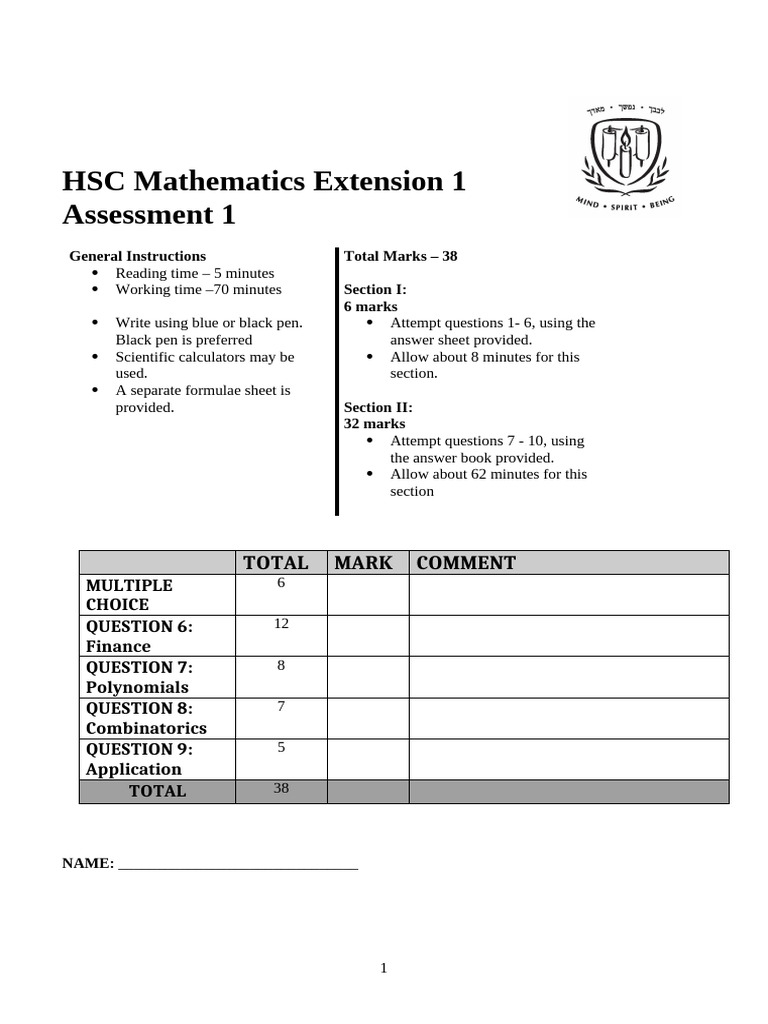 2019 Year 12 Extension 1 Assessment 1 Version 3 | PDF | Polynomial ...