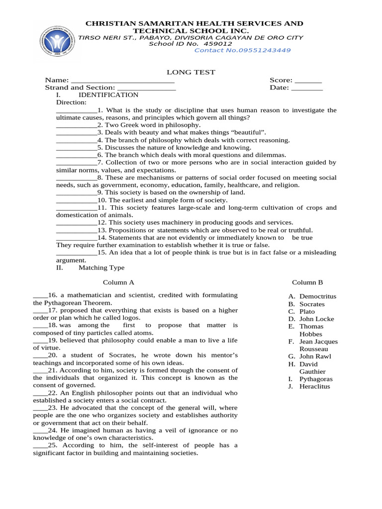 Intro to philo Long Test | PDF | Reason | Plato