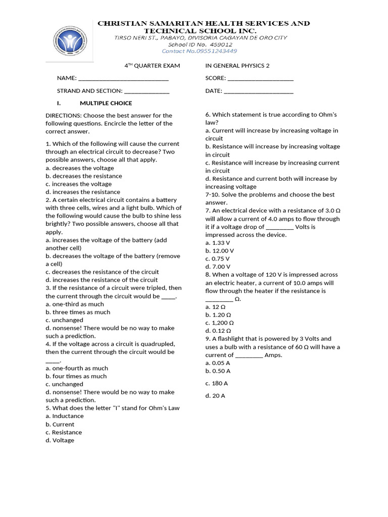 General Physics 2 4TH Quarter Exam | PDF | Voltage | Electrical ...