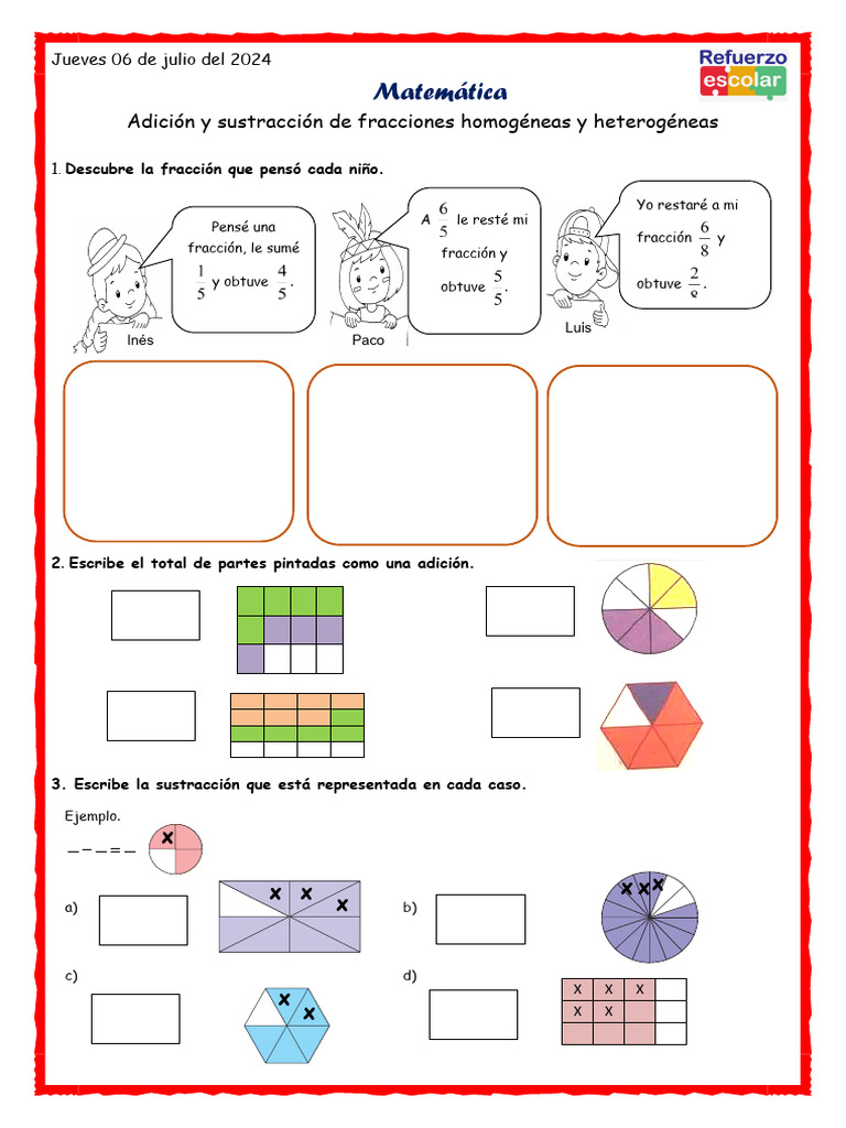 06 Junio Mat Ficha II Suma y Resta de Fracciones Homogeneas y ...