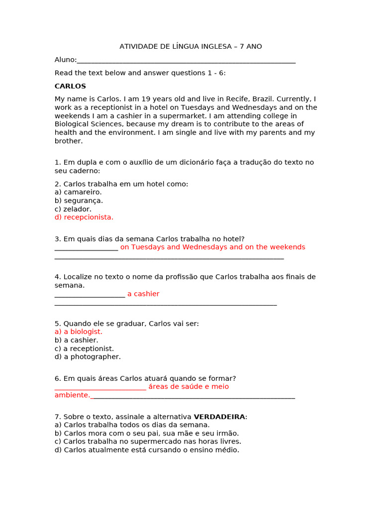 Atividade de Língua Inglesa - 7 Ano | PDF