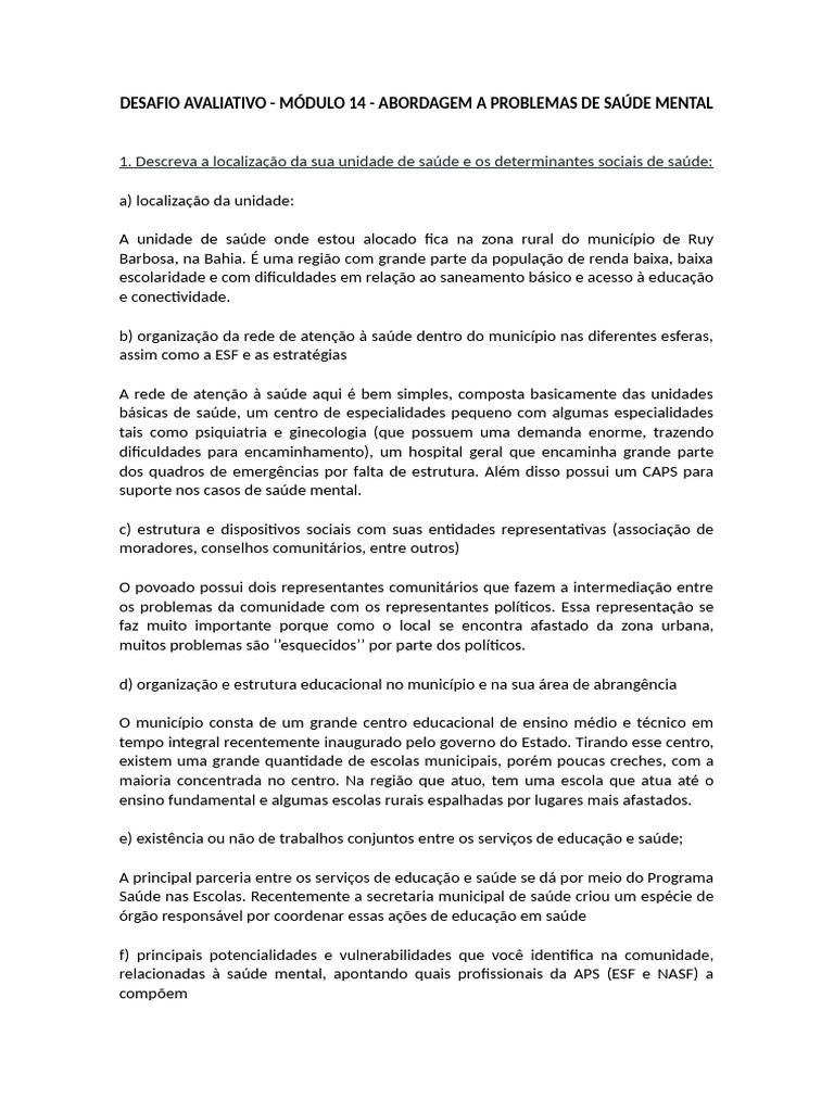DESAFIO AVALIATIVO Modulo 14 | PDF | Saúde mental | Psiquiatria