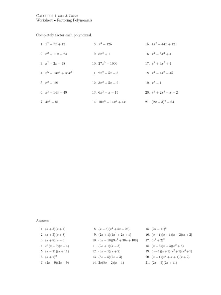 Calculus 1 Worksheet - Factoring | PDF