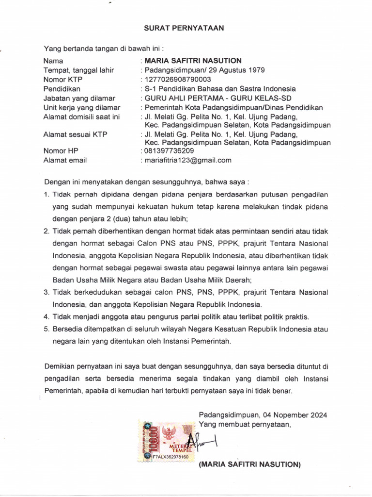 Surat Pernyataan Maria Safitri Nasution | PDF
